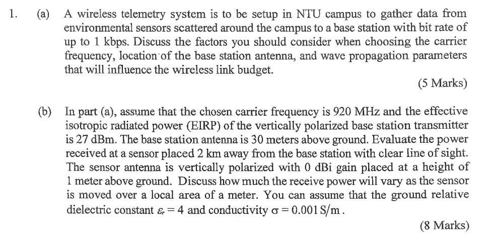 Solved (a) A wireless telemetry system is to be setup in NTU | Chegg.com