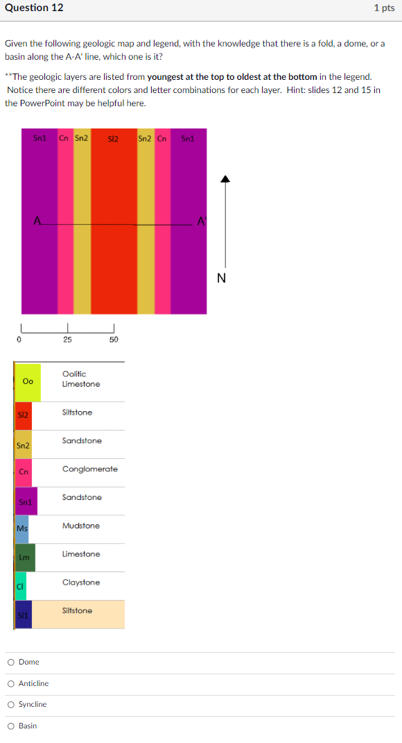 Solved Question 12 1 pts Given the following geologic map | Chegg.com