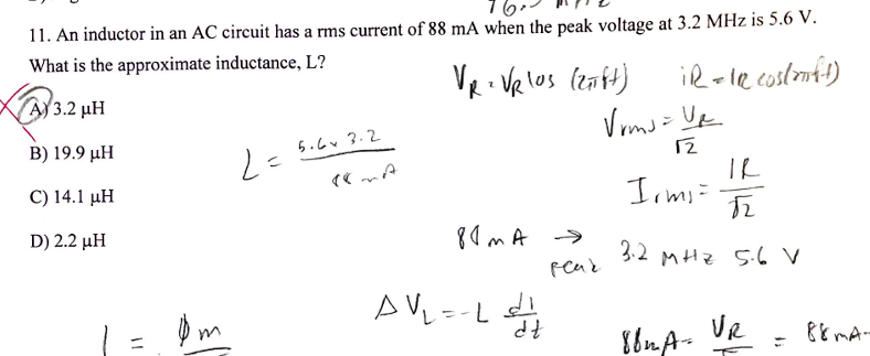 Solved 11. An inductor in an AC circuit has a rms current of | Chegg.com