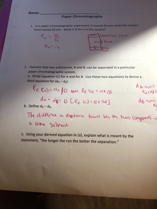 Solved Name: Paper Chromatography In a paper chromatographic | Chegg.com