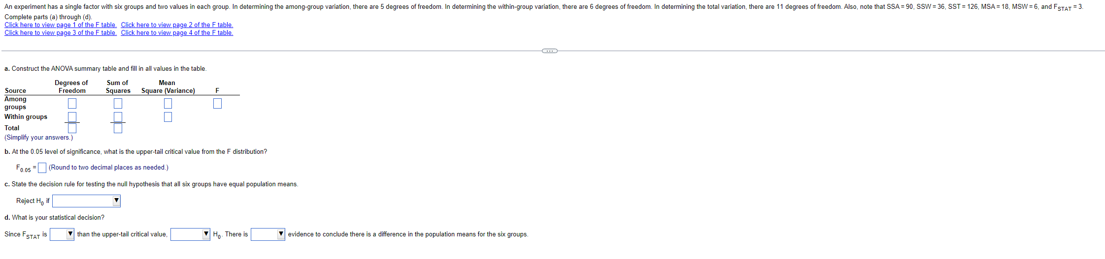 Solved a. Construct the ANOVA summary table and fill in all | Chegg.com