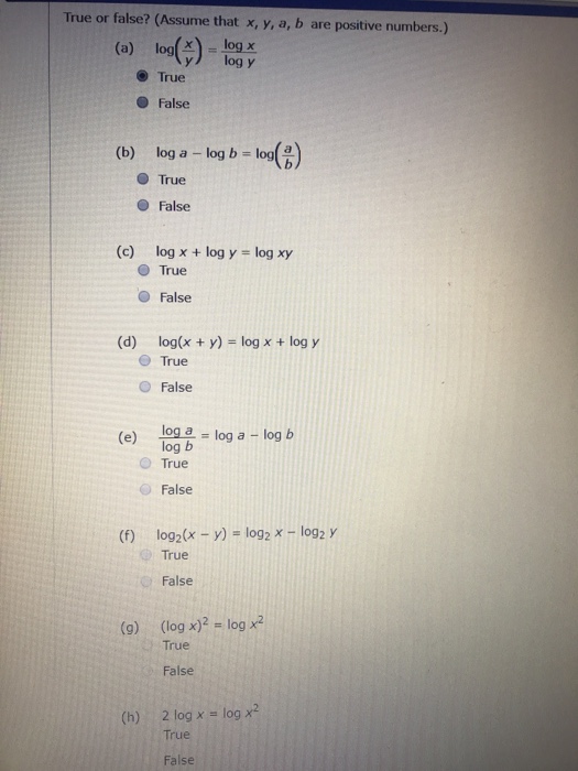 Solved True or false? (Assume that x, y, a, b are positive | Chegg.com