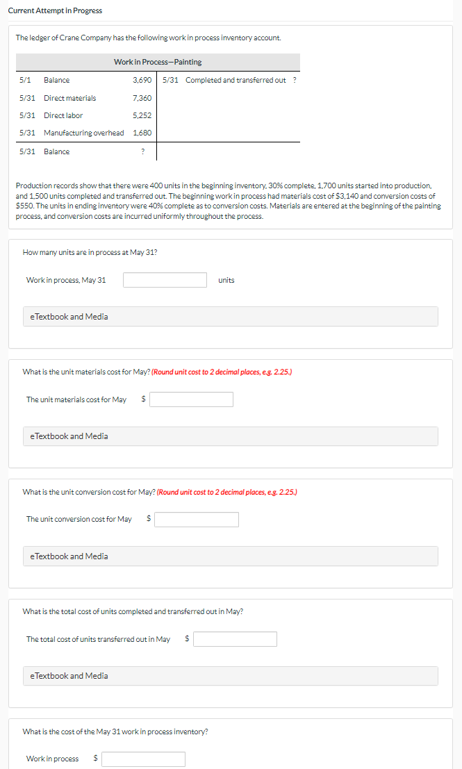 Solved Current Attempt in ProgressThe ledger of Crane | Chegg.com