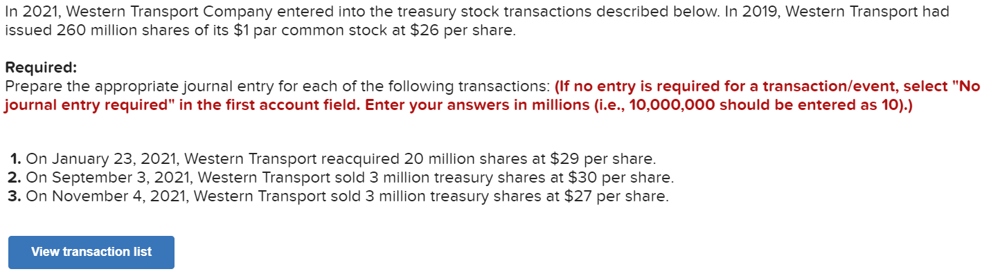 Solved In 2021, Western Transport Company entered into the | Chegg.com