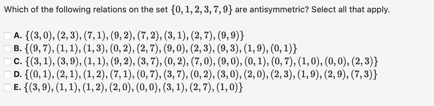 Solved Which of the following relations on the set | Chegg.com