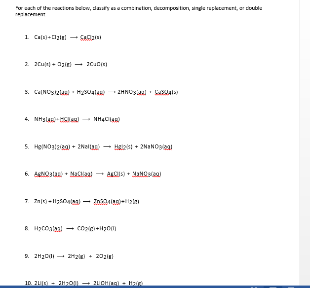 Solved For each of the reactions below, classify as a | Chegg.com