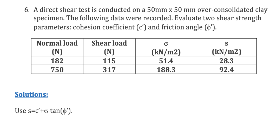Solved 6. A direct shear test is conducted on a 50 mm×50 mm | Chegg.com