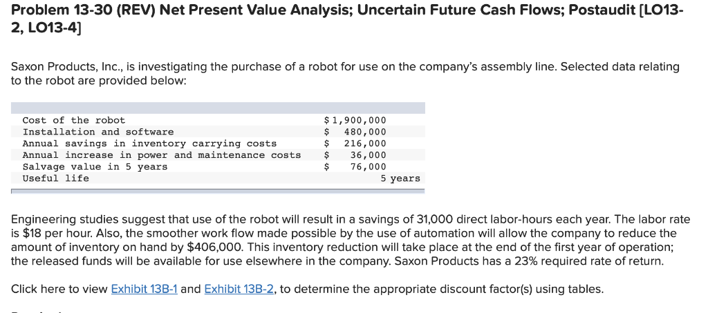 Solved Problem 13-30 (REV) Net Present Value Analysis; | Chegg.com