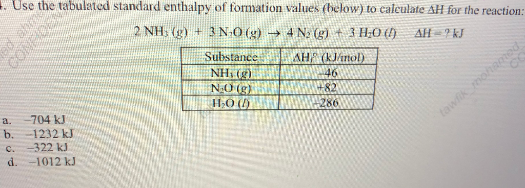 Solved 1. Use the tabulated standard enthalpy of formation | Chegg.com