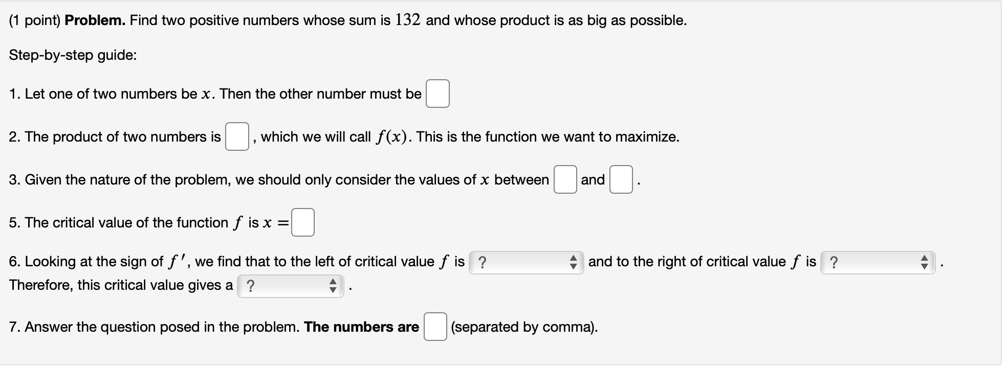 Solved (1 point) Problem. Find two positive numbers whose | Chegg.com