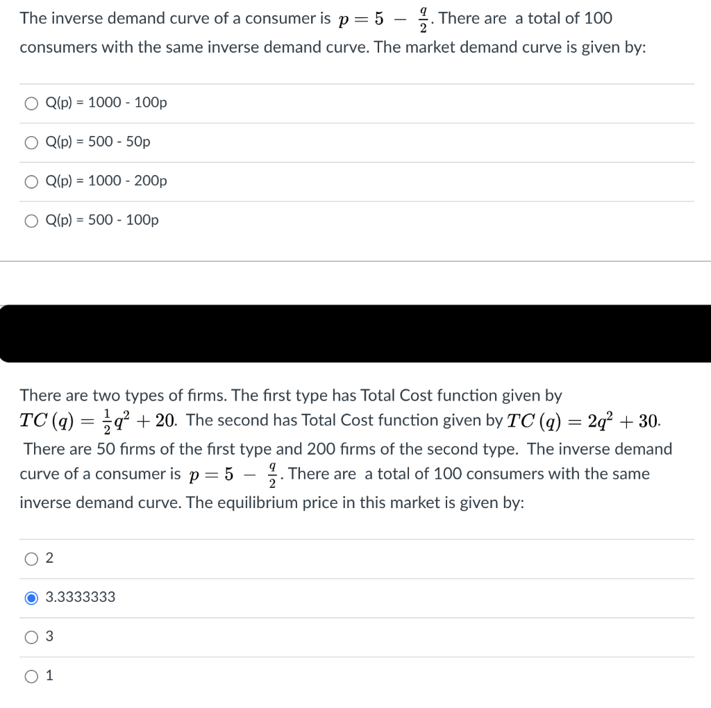 Solved The inverse demand curve of a consumer is p=5 – 1. | Chegg.com