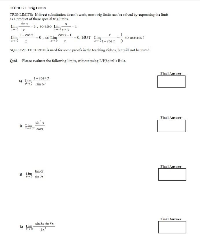 Solved TOPIC 2: Trig Limits TRIG LIMITS: If direct | Chegg.com