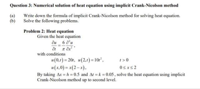 Solved Question 3: Numerical solution of heat equation using | Chegg.com