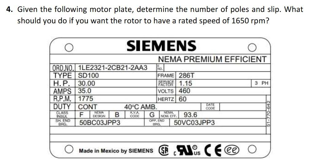 Solved 4. Given the following motor plate, determine the | Chegg.com