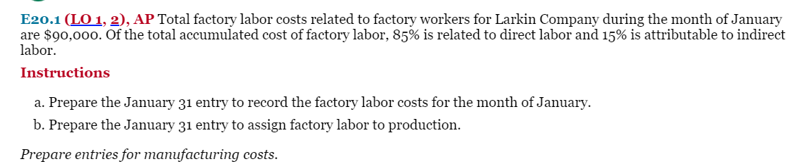 Solved E20.1 (LO 1, 2), AP Total factory labor costs related | Chegg.com