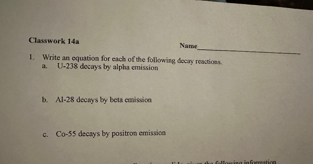Solved Classwork 14a Name 1. Write an equation for each of | Chegg.com