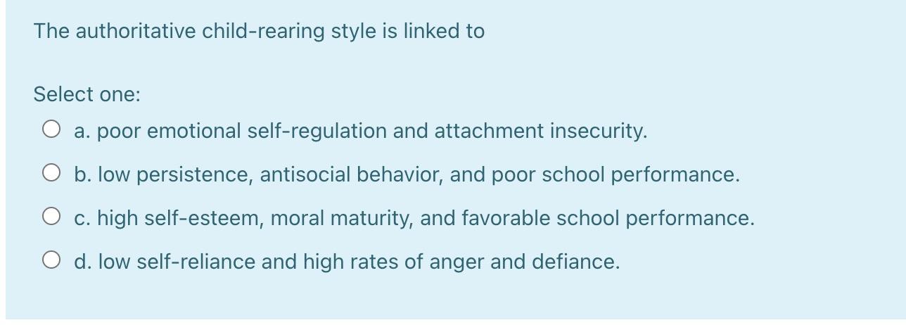 Solved The authoritative child-rearing style is linked to | Chegg.com