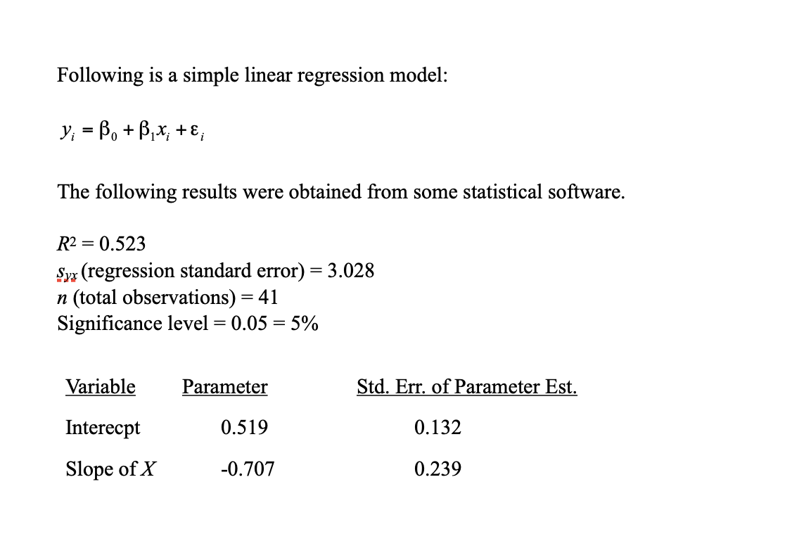 Solved Following is a simple linear regression model: y₁ = | Chegg.com