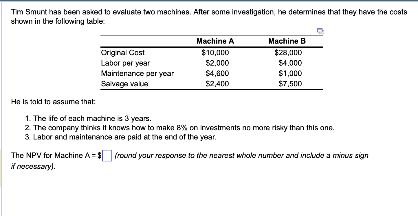 Solved Tim Smunt has been asked to evaluate two machines. | Chegg.com