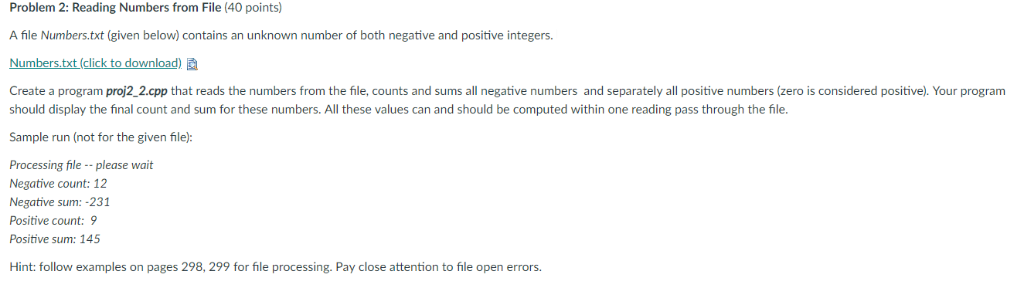 Solved Problem 2: Reading Numbers from File (40 points) A le | Chegg.com