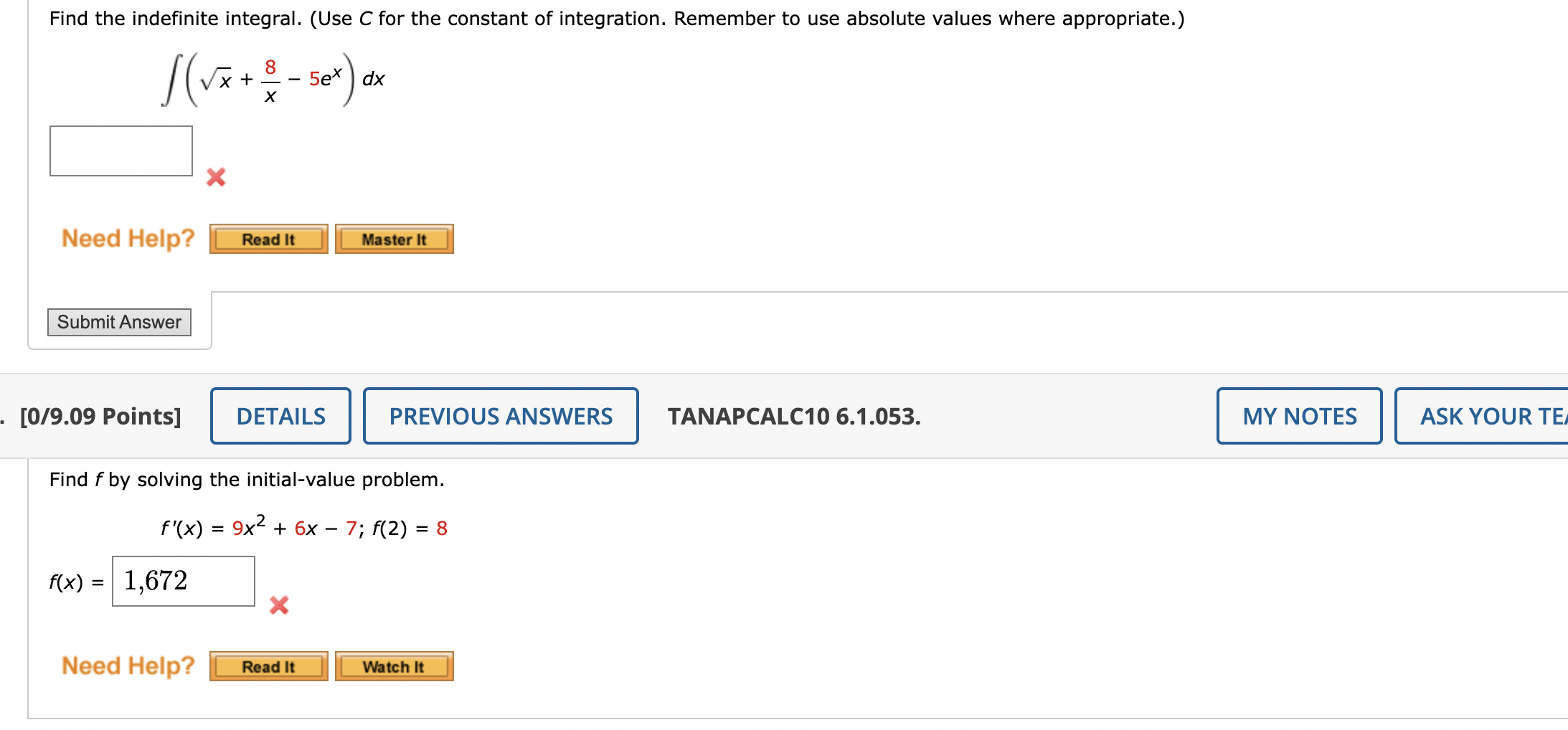Solved ∫(x+x8−5ex)dx [0/9.09 Points] Find f by solving the | Chegg.com