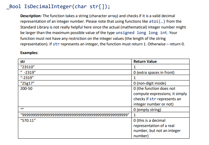 Solved 1 _Bool IsDecimalInteger(char str[]); Description: | Chegg.com