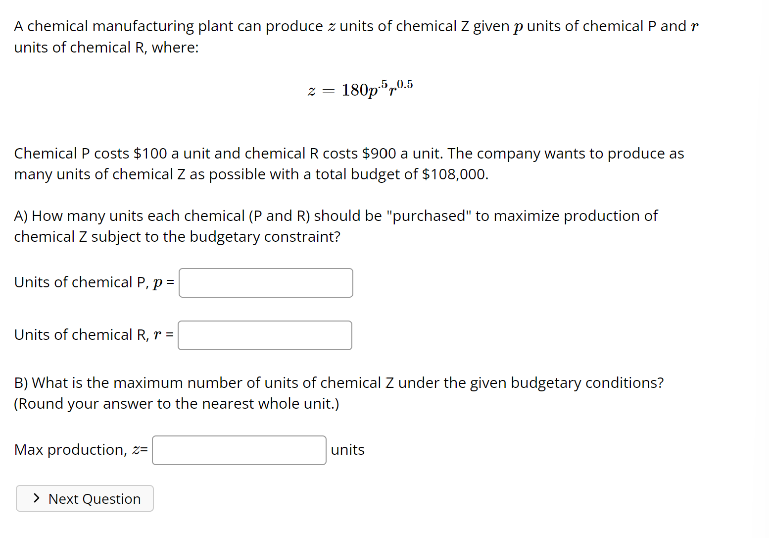 Solved A chemical manufacturing plant can produce z units of | Chegg.com