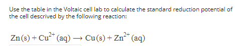 Solved Use the table in the Voltaic cell lab to calculate | Chegg.com