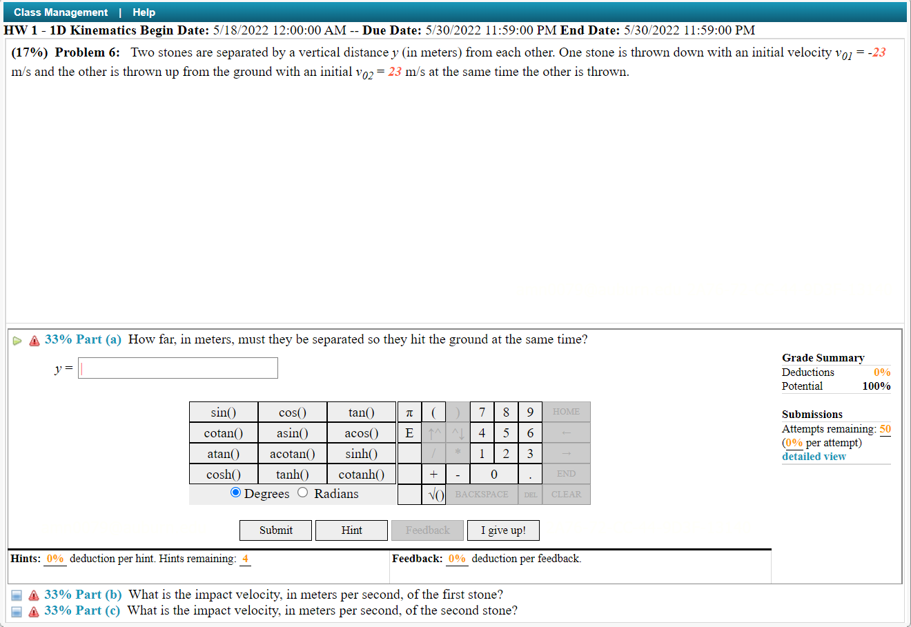 Solved Class Management | Help HW 1 - 1D Kinematics Begin | Chegg.com