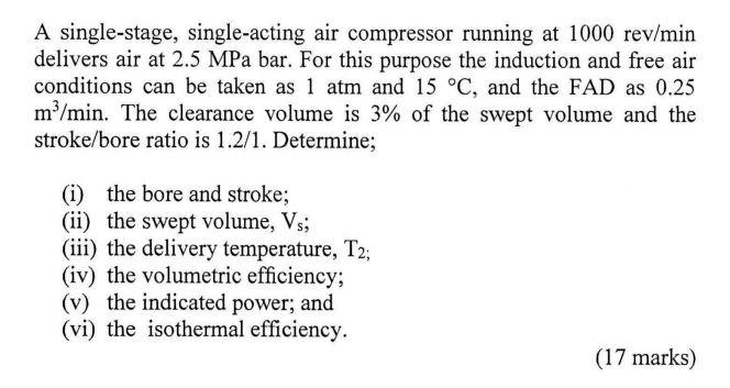 Solved A single-stage, single-acting air compressor running | Chegg.com