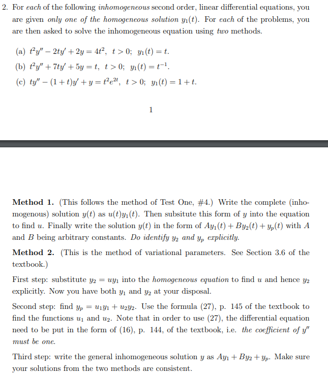 For each of the following inhomogeneous second order, | Chegg.com