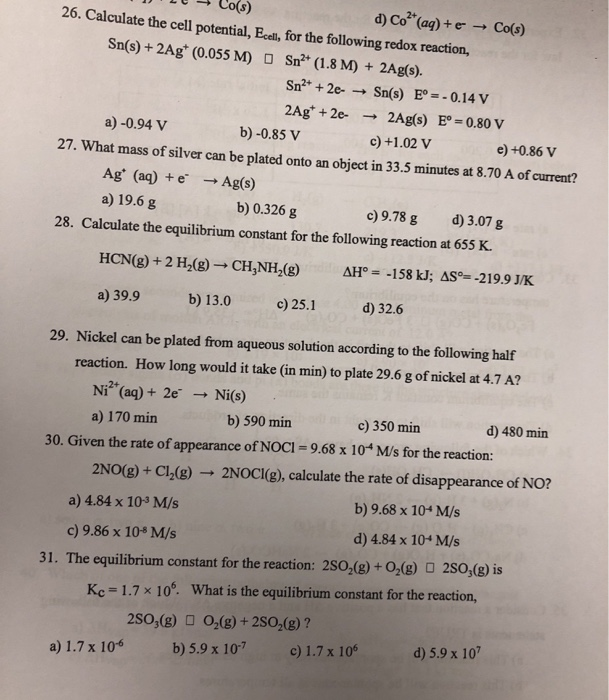 Solved eaCo(s) 26. Calculate the cell potential, Eel, for | Chegg.com