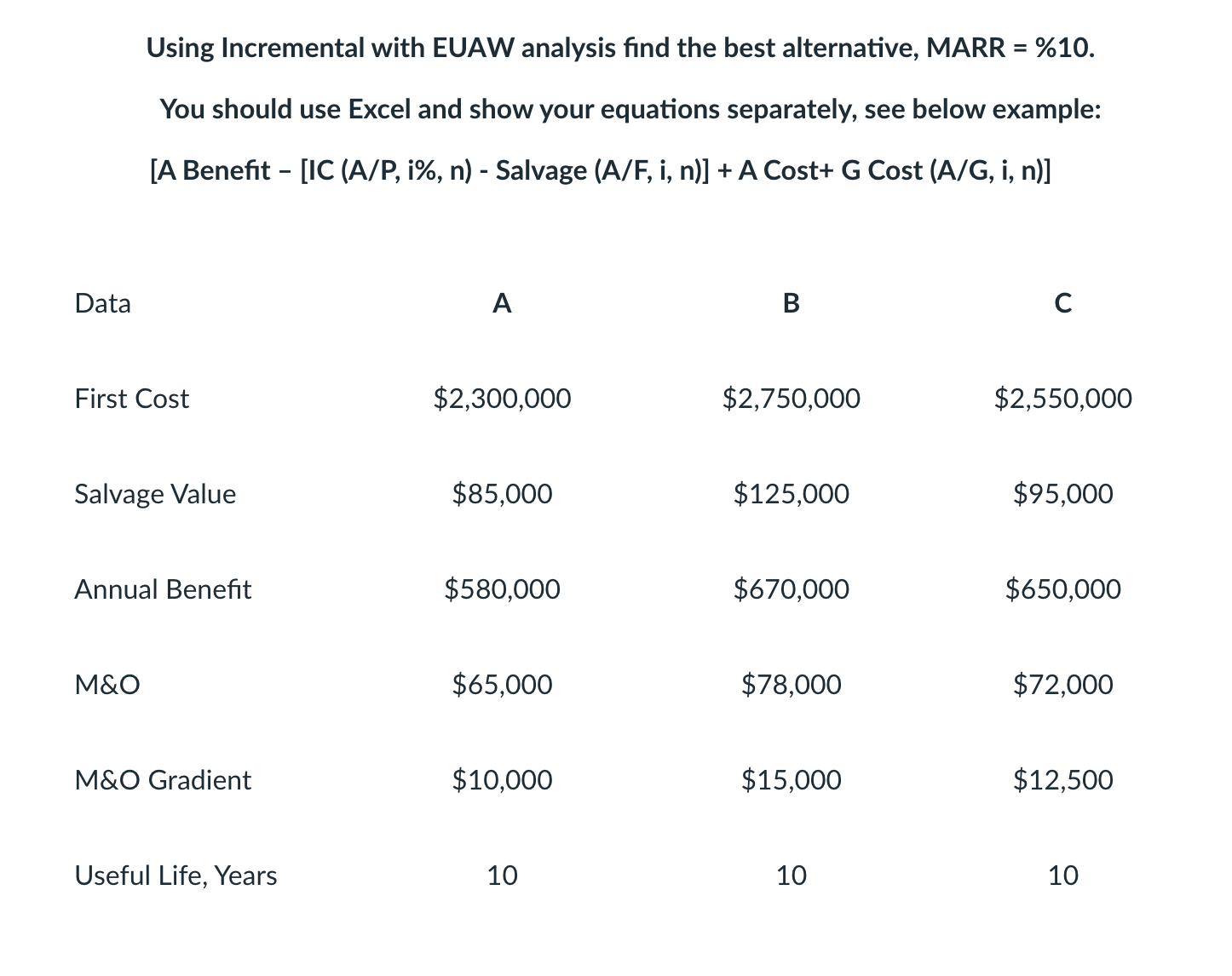 Solved Using Incremental with EUAW analysis find the best | Chegg.com