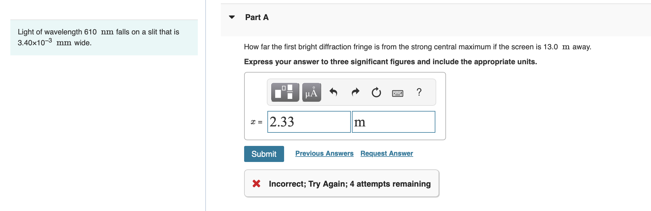Solved Light of wavelength 610 ﻿nm falls on a slit that | Chegg.com