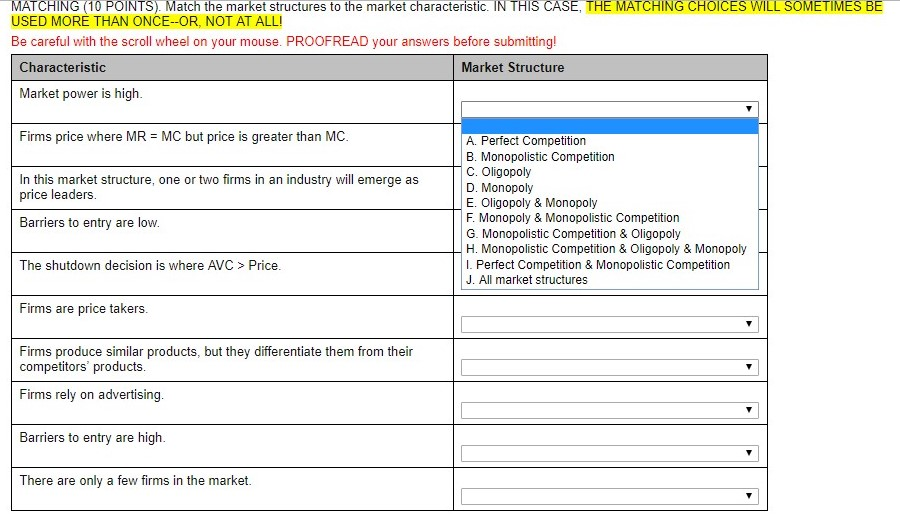 MATCHING (10 POINTS). Match the market structures to | Chegg.com