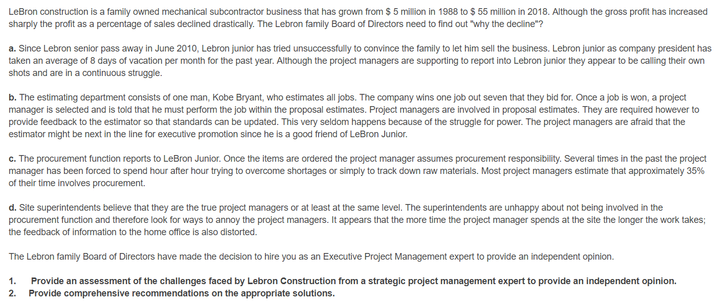 Solved LeBron construction is a family owned mechanical | Chegg.com