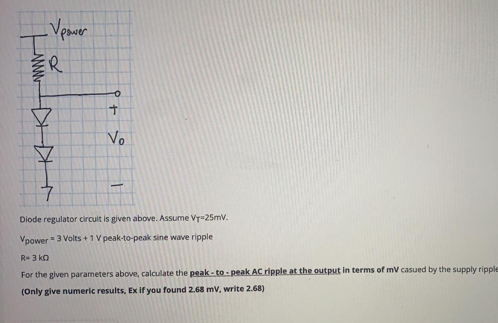Solved Upower +d mm Laor Vo Diode regulator circuit is given | Chegg.com