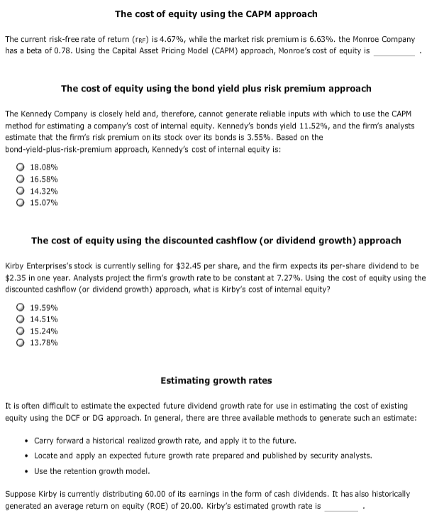 Solved The cost of equity using the CAPM approach The | Chegg.com