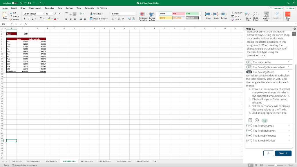 The SalesByMonth worksheet contains data that | Chegg.com