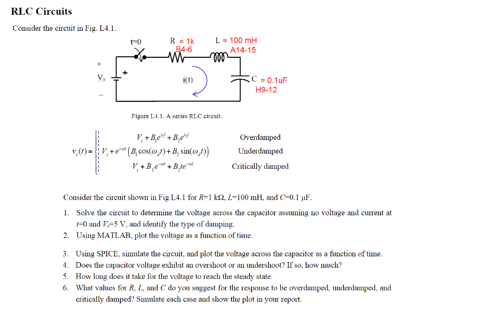 Solved RLC Circuits Consider the circuit in Fig. L4.1. R = | Chegg.com Solved RLC Circuits Consider the circuit in Fig. L4.1. R = | Chegg.com