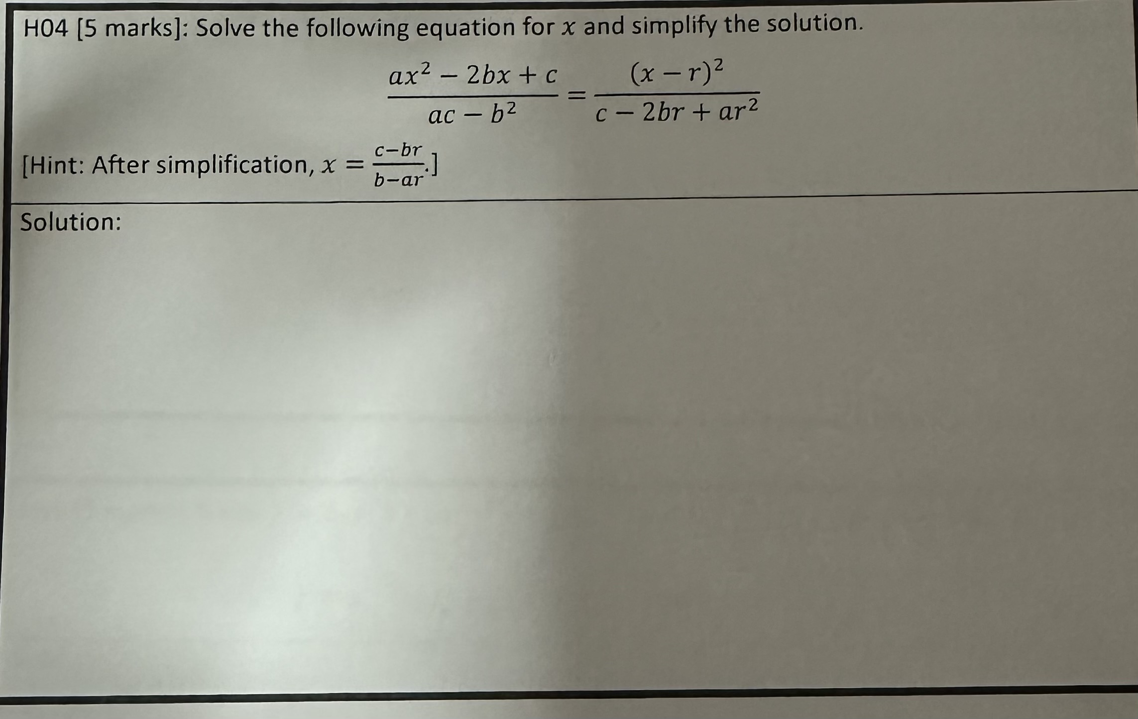 Solved H04 [5 ﻿marks]: Solve the following equation for x | Chegg.com