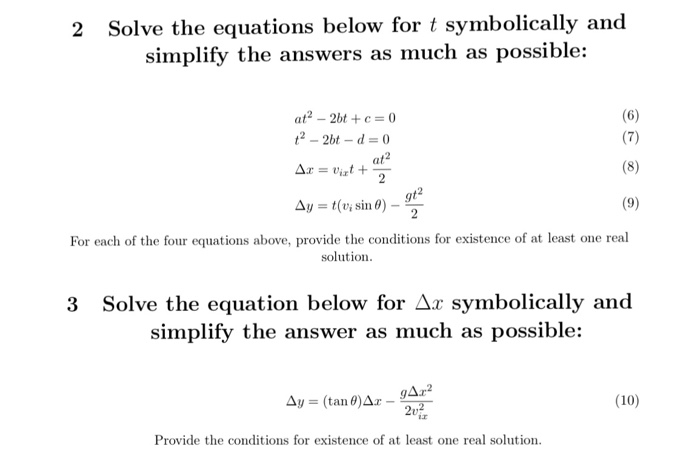 Solved 2 Solve the equations below for t symbolically and | Chegg.com