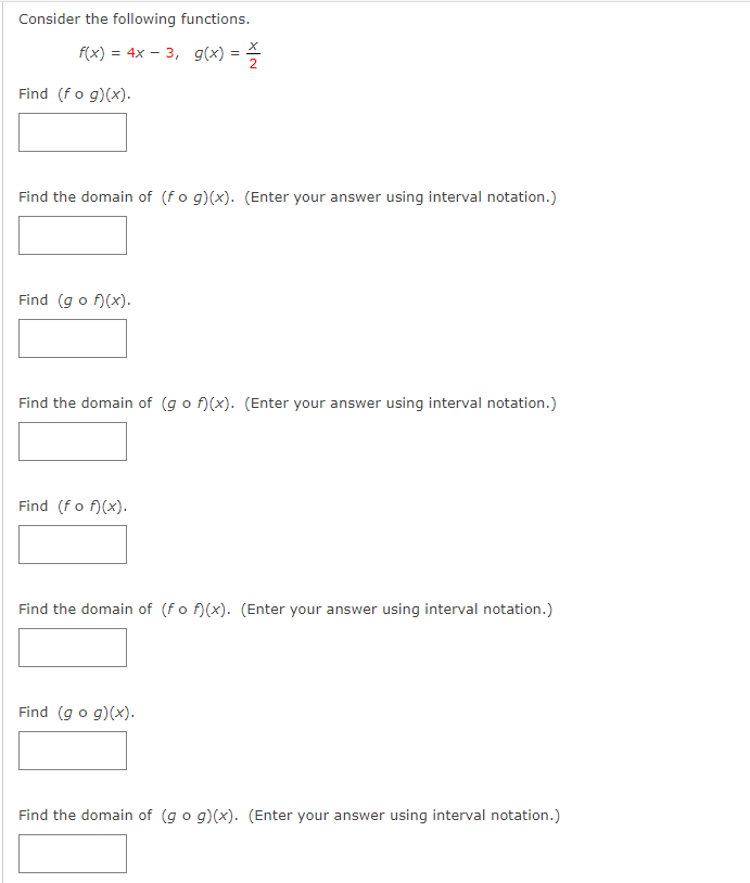 Solved Consider the following functions. f(x)=4x−3,g(x)=2x | Chegg.com