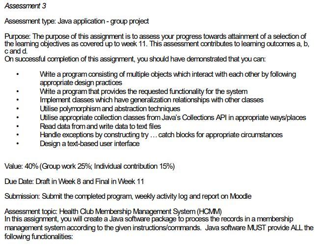 Solved Assessment type: Java application - group project | Chegg.com