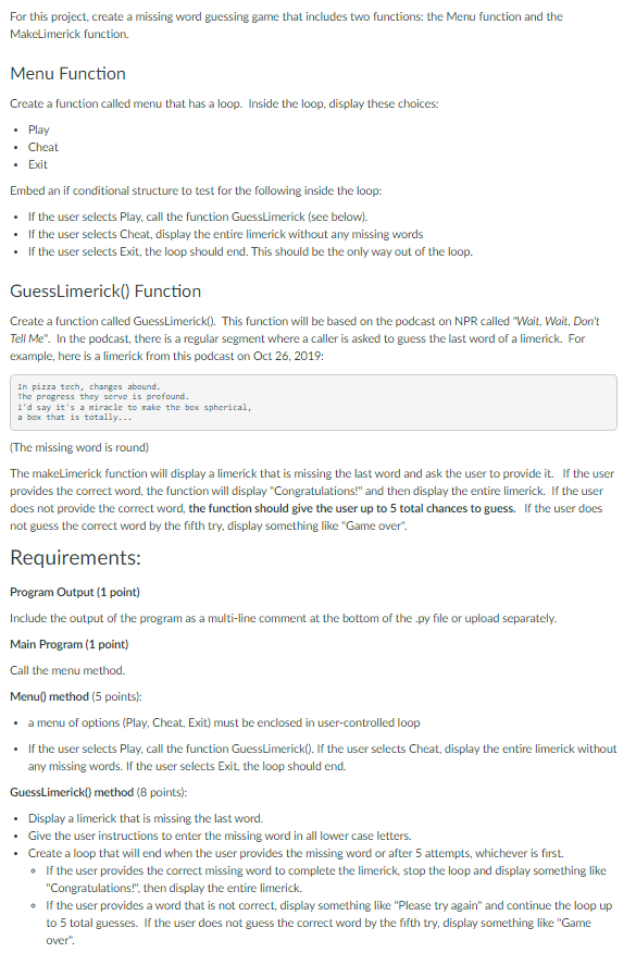 Solved For this project, create a missing word guessing game | Chegg.com