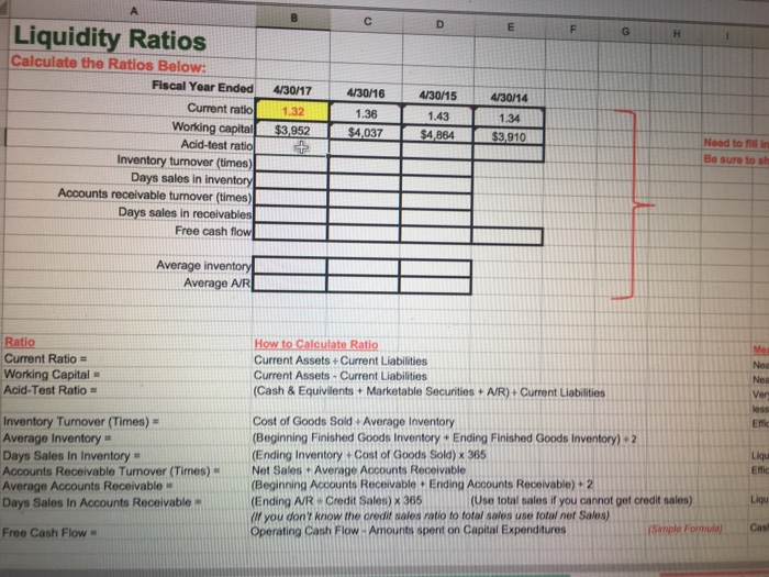 Solved Liquidity Ratios Calculate the Ratios Below: Fiscal | Chegg.com