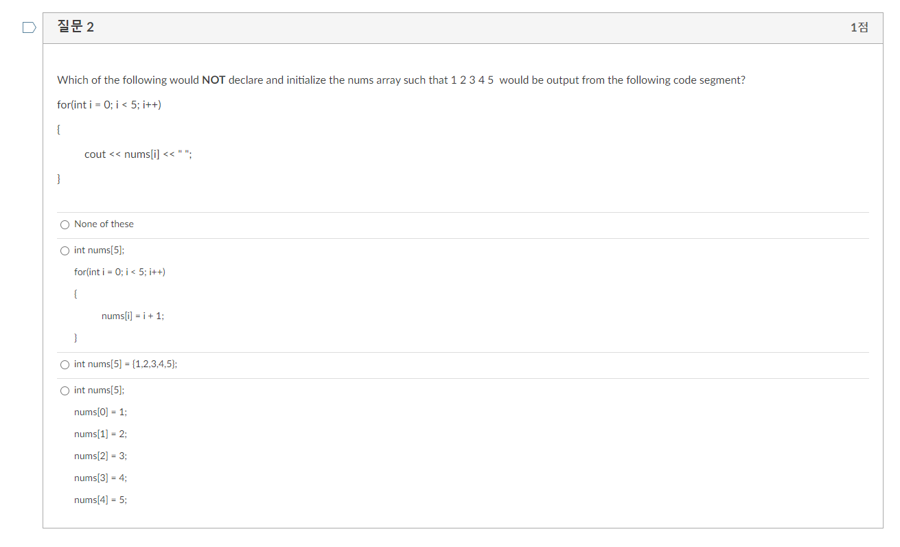 Solved 질문1 1점 The statement int num[3][4]={ {2,2,3}, | Chegg.com