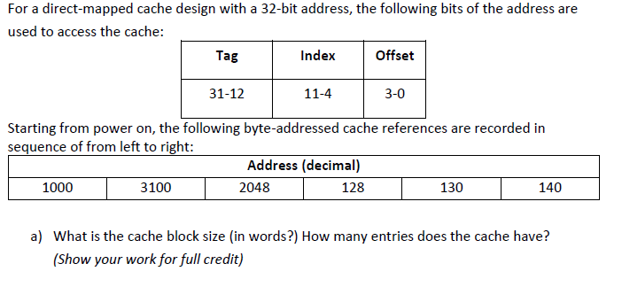 Solved For a direct-mapped cache design with a 32-bit | Chegg.com