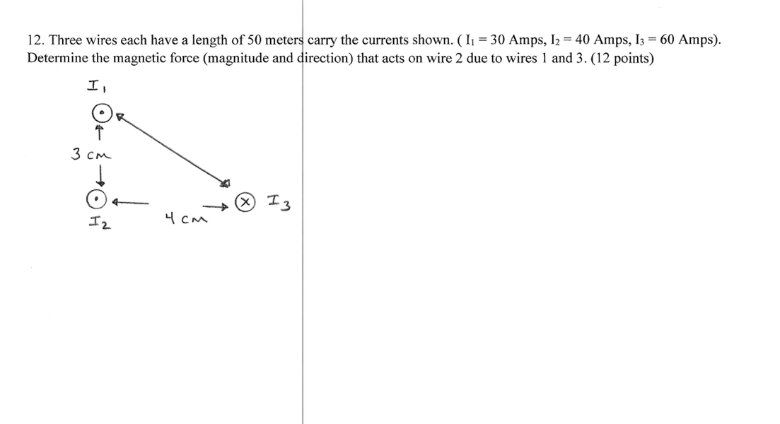 Solved 12. Three wires each have a length of 50 meters carry | Chegg.com