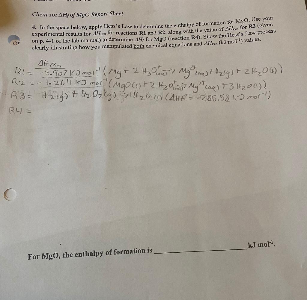Solved Chem 201 AHF of MgO Report Sheet 4. In the space | Chegg.com